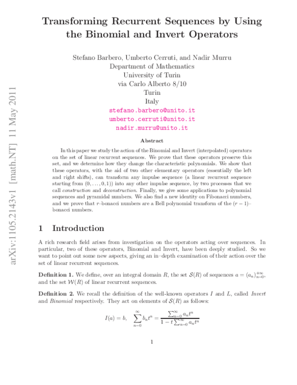 Pdf Trasforming Recurrent Sequences By Using Binomial And Invert Operators