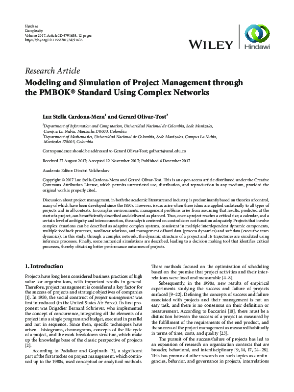 (PDF) Modeling and Simulation of Project Management through the PMBOK® Standard Using Complex ...