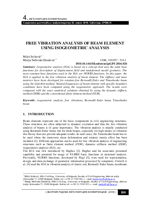 Pdf Free Vibration Analysis Of Beam Element Using Isogeometric Analysis Miloš Jočković