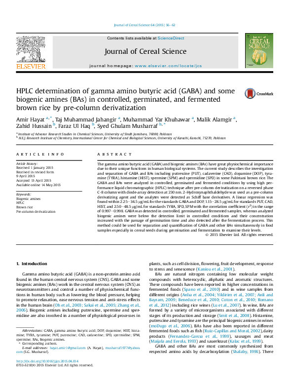 Pdf Hplc Determination Of Gamma Amino Butyric Acid Gaba And Some Biogenic Amines Bas In