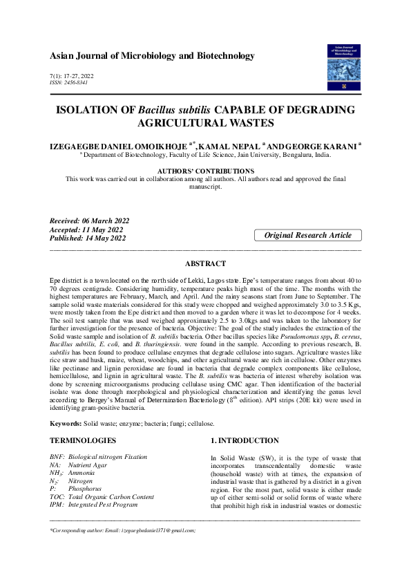 (PDF) ISOLATION OF Bacillus subtilis CAPABLE OF DEGRADING AGRICULTURAL ...