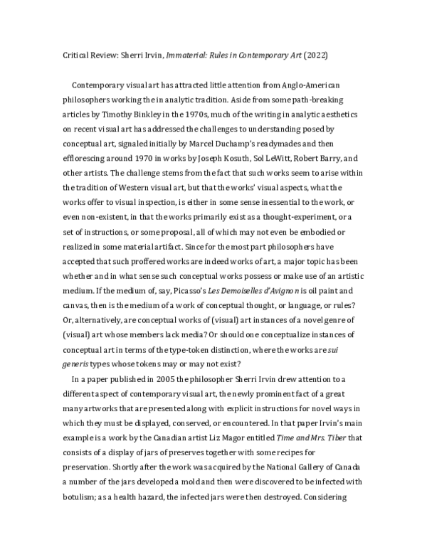 (PDF) Critical Review of Sherri Irvin's Immaterial: Rules in ...
