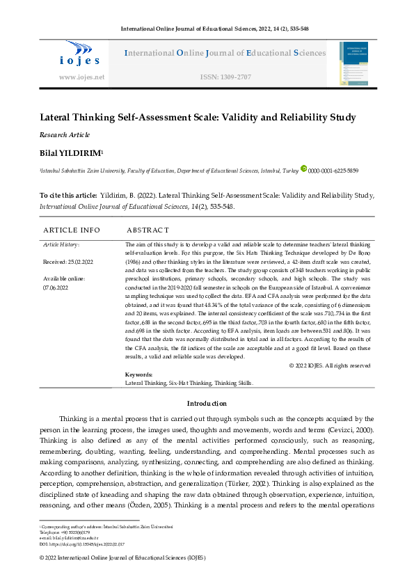 PDF Lateral Thinking Self Assessment Scale Validity And Reliability Study Research Article pdf-lateral-thinking-self-assessment-scale-validity-and-reliability-study-research-article