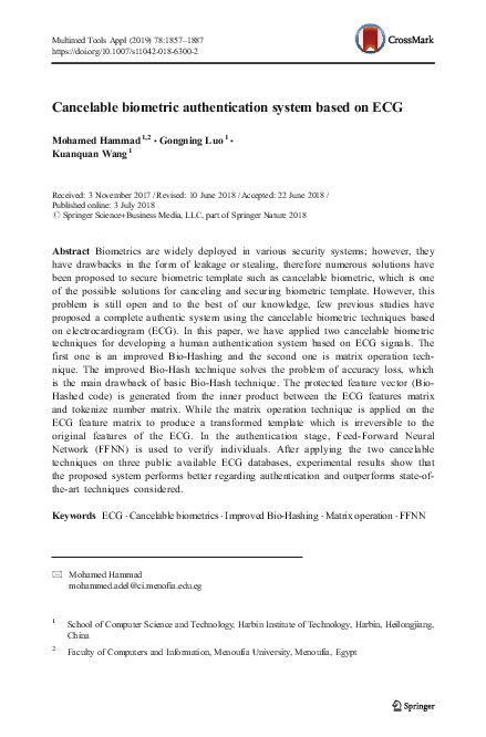 (PDF) Cancelable biometric authentication system based on ECG