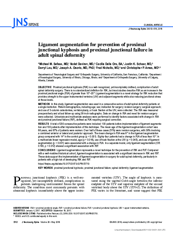 (PDF) Ligament augmentation for prevention of proximal junctional kyphosis and proximal ...