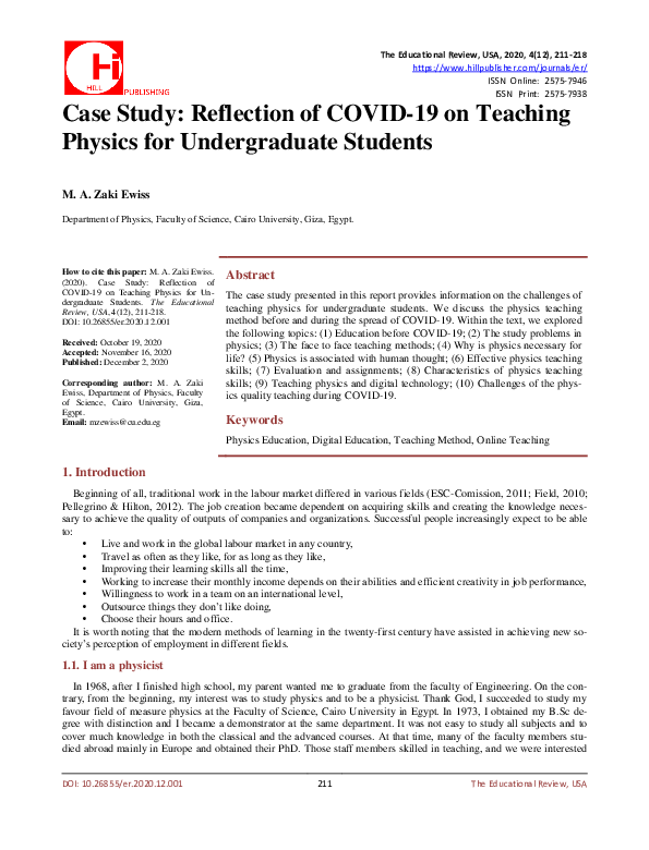 (PDF) Case Study: Reflection of COVID-19 on Teaching Physics for ...