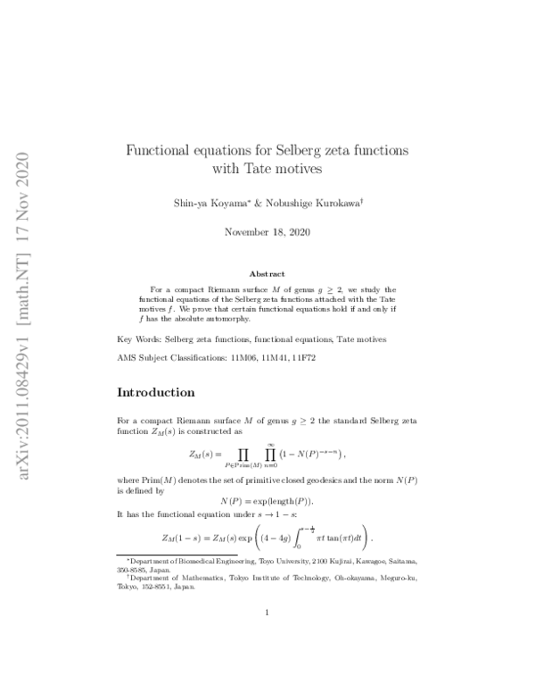 (PDF) Functional equations for Selberg zeta functions with Tate motives
