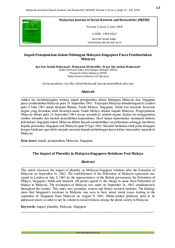 (PDF) Impak Pemajmukan dalam Hubungan Malaysia-Singapura Pasca ...