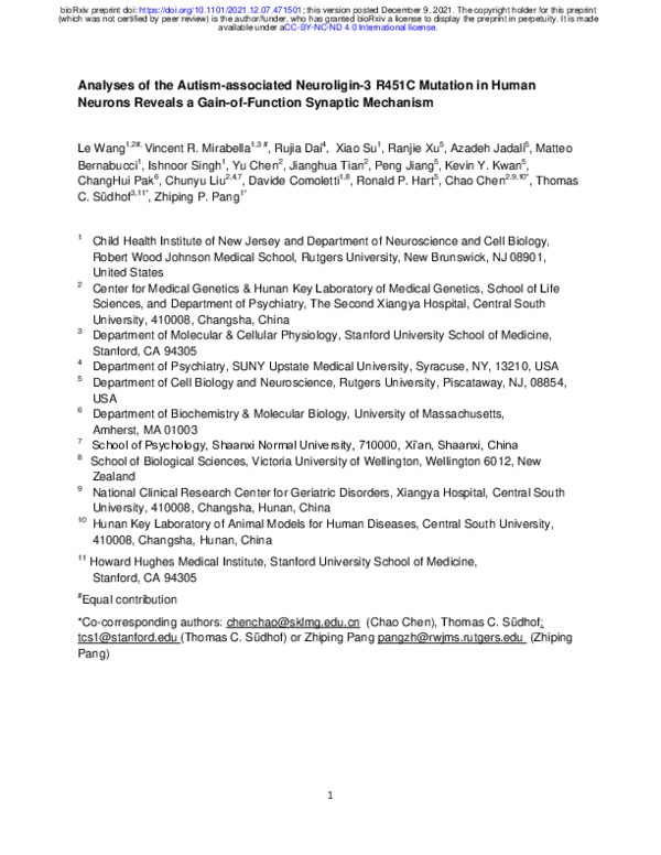 (PDF) Analyses of the Autism-associated Neuroligin-3 R451C Mutation in Human Neurons Reveals a ...