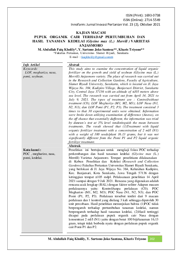 (PDF) KAJIAN MACAM PUPUK ORGANIK CAIR TERHADAP PERTUMBUHAN DAN HASIL TANAMAN KEDELAI (Glycine ...