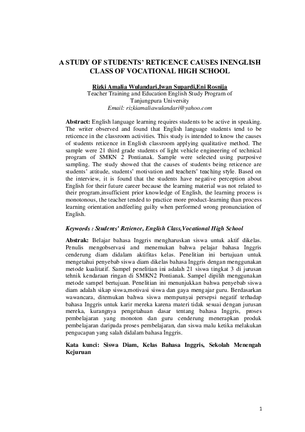 (PDF) A Study of Students’ Reticence Causes Inenglish Class of ...