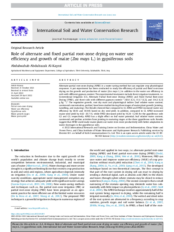 Pdf Role Of Alternate And Fixed Partial Root Zone Drying On Water Use