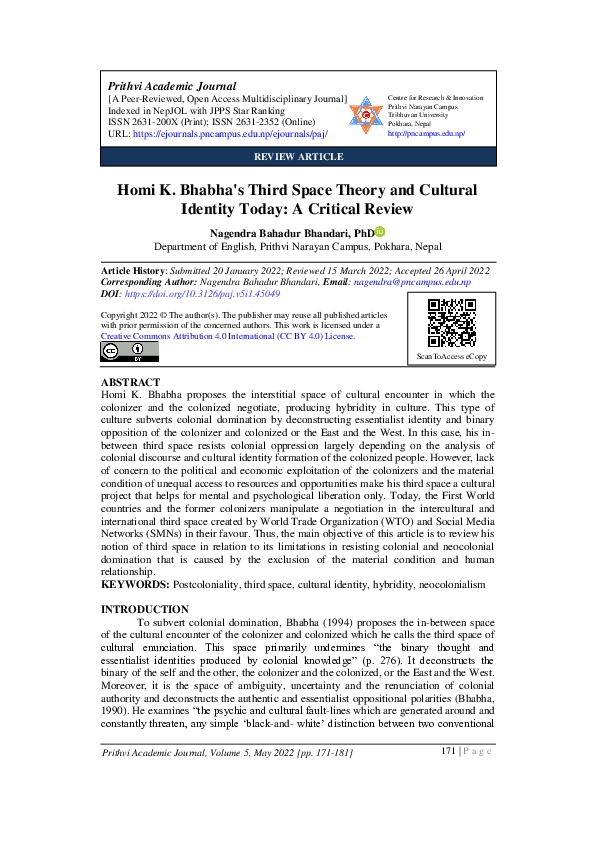 (PDF) Homi K. Bhabha's Third Space Theory and Cultural Identity Today ...