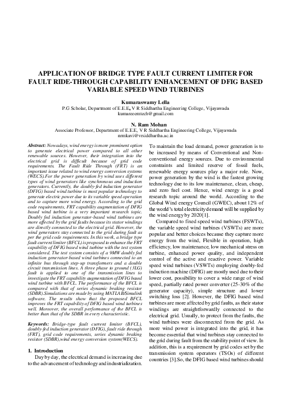 Pdf Application Of Bridge Type Fault Current Limiter For Fault Ride Through Capability