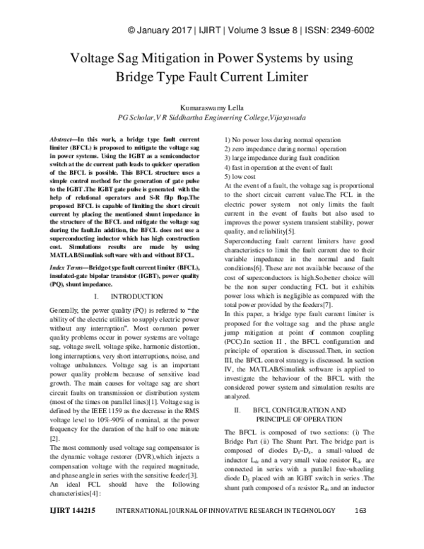 (PDF) Voltage Sag Mitigation in Power Systems by using Bridge Type Fault Current Limiter