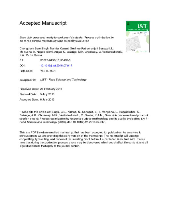 (PDF) Sous vide processed ready-to-cook seerfish steaks: Process ...
