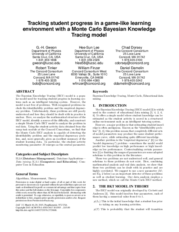 (PDF) Tracking student progress in a game-like learning environment with a Monte Carlo Bayesian ...