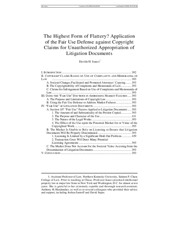(PDF) The Highest Form of Flattery? Application of the Fair Use Defense ...