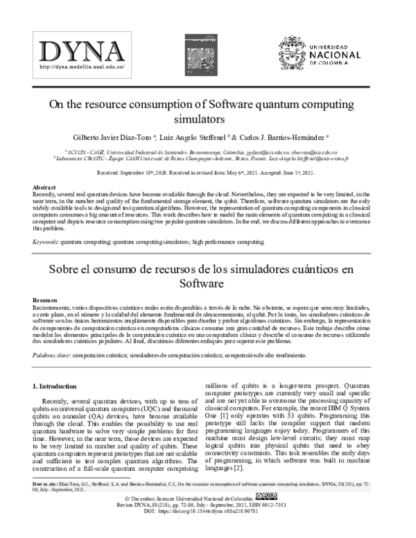 (PDF) On the resource consumption of Software quantum computing simulators