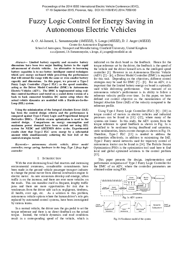 (PDF) Fuzzy Logic Control for energy saving in Autonomous Electric Vehicles