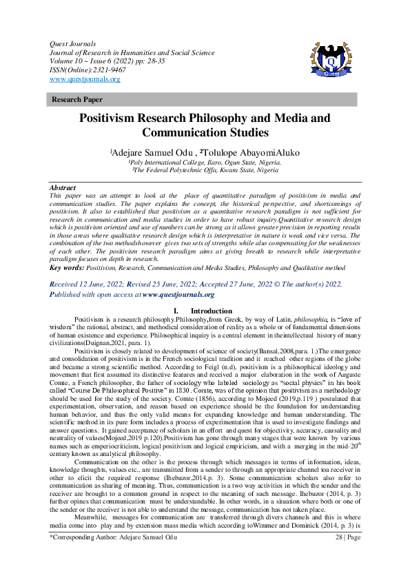 (PDF) Positivism Research Philosophy and Media and Communication Studies