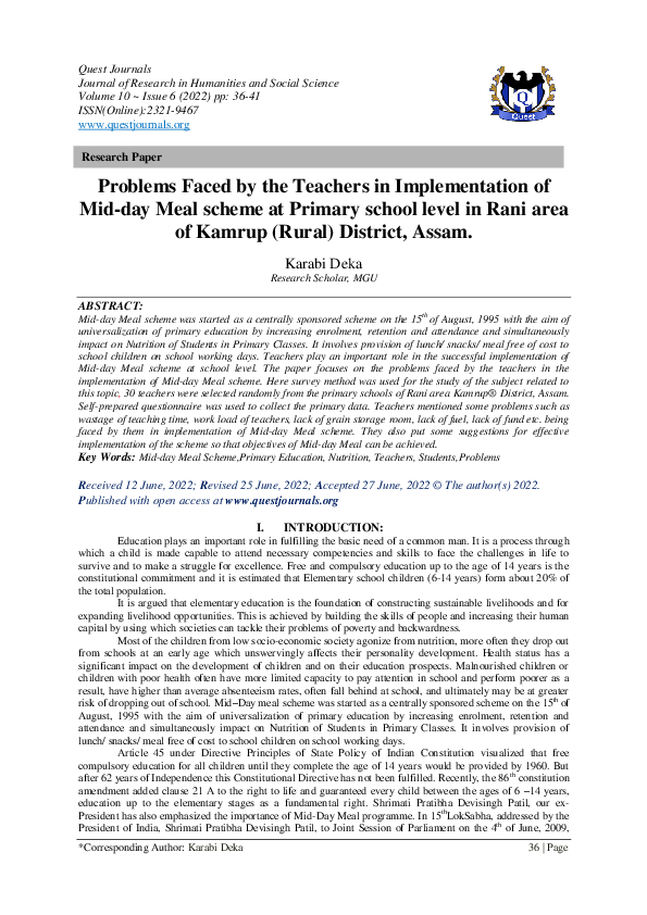 (PDF) Problems Faced by the Teachers in Implementation of Mid-day Meal ...