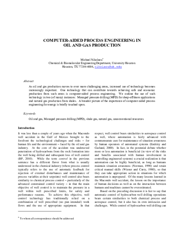 (PDF) Computer-aided process engineering in oil and gas production