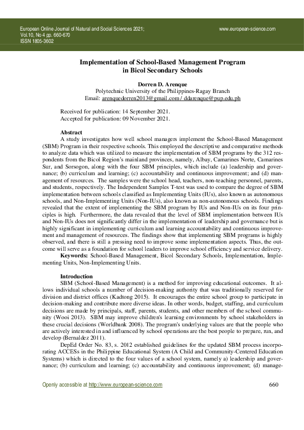 (PDF) Implementation of School-Based Management Program in Bicol ...