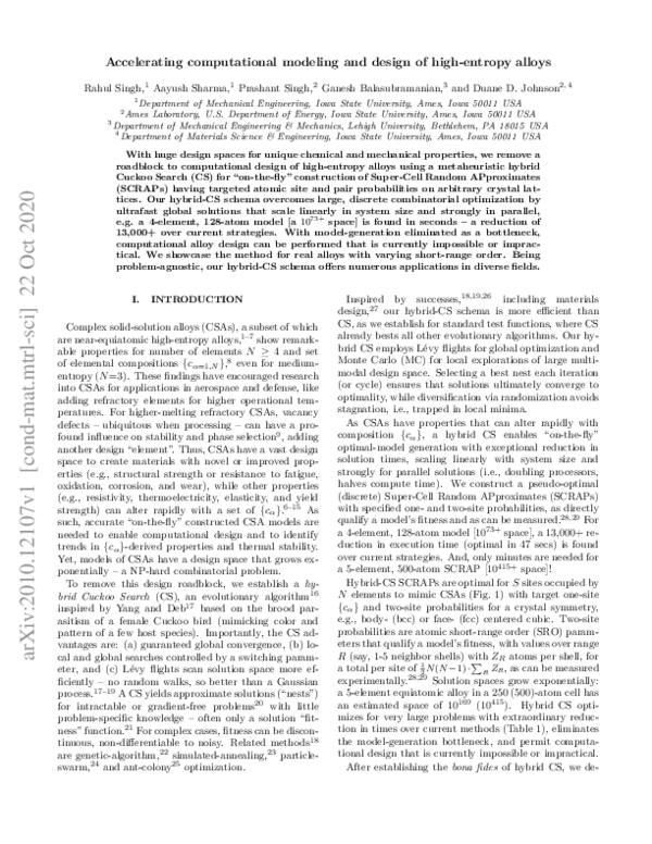Pdf Accelerating Computational Modeling And Design Of High Entropy Alloys