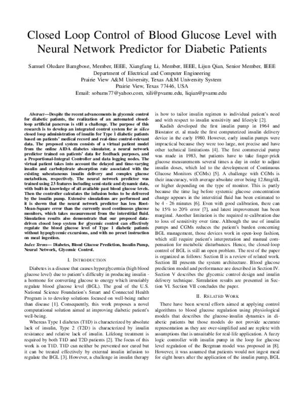 (PDF) Neural Network-Based Closed Loop for Glycemic Control