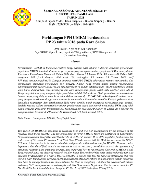 (PDF) Perhitungan PPH UMKM berdasarkan PP 23 tahun 2018 pada Rara Salon