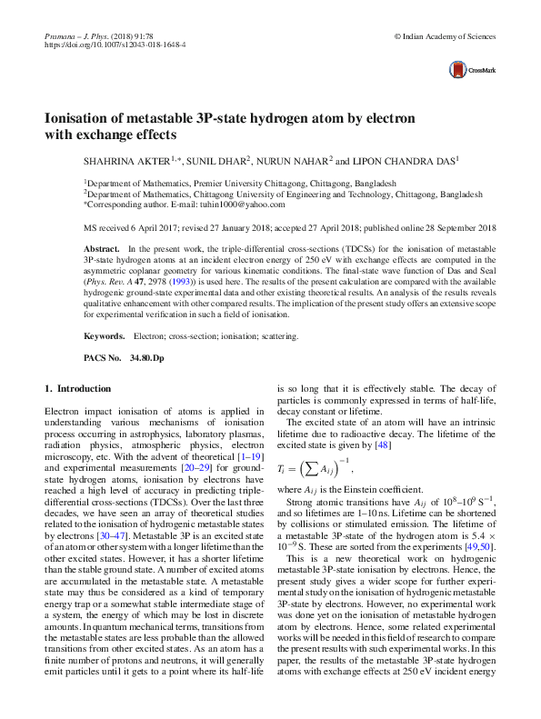 (PDF) Ionisation of metastable 3P-state hydrogen atom by electron with ...