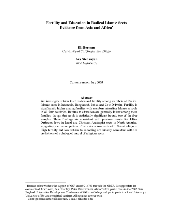 (PDF) Fertility and Education in Radical Islamic Sects: Evidence from ...