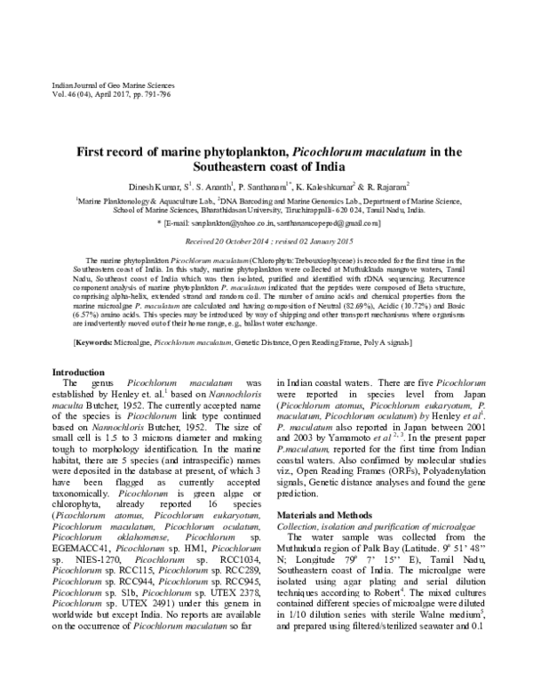 (PDF) First record of marine phytoplankton, Picochlorum maculatum in the Southeastern coast of India