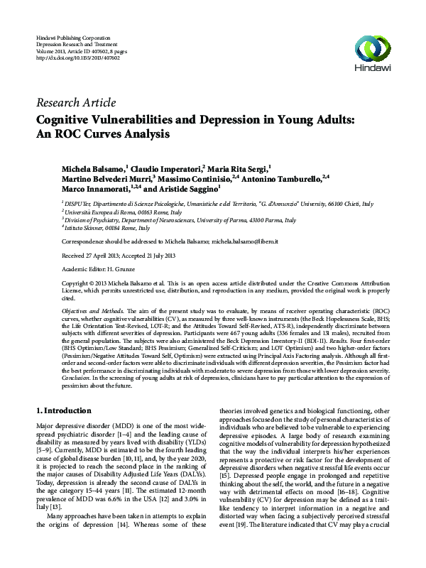 (PDF) Cognitive Vulnerabilities and Depression in Young Adults: An ROC ...
