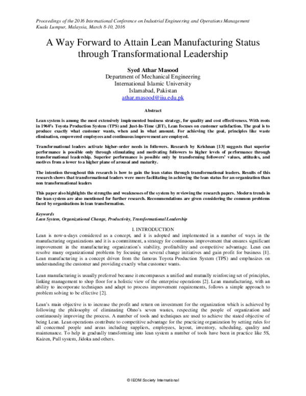 (PDF) A Way Forward to Attain Lean Manufacturing Status through ...