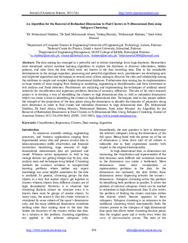 (PDF) An Algorithm for the Removal of Redundant Dimensions to Find ...