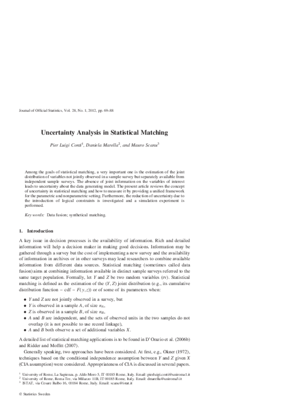 (PDF) Uncertainty Analysis in Statistical Matching
