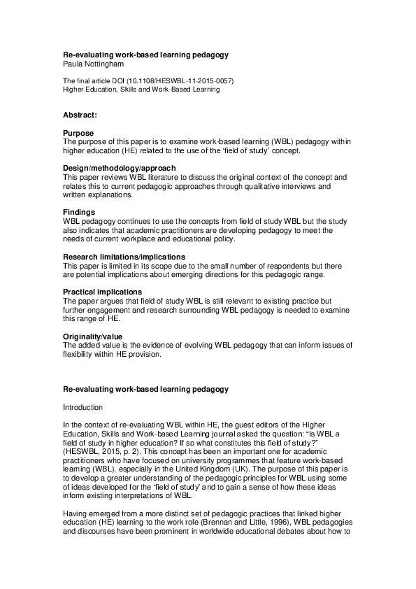 (PDF) Re-evaluating work-based learning pedagogy