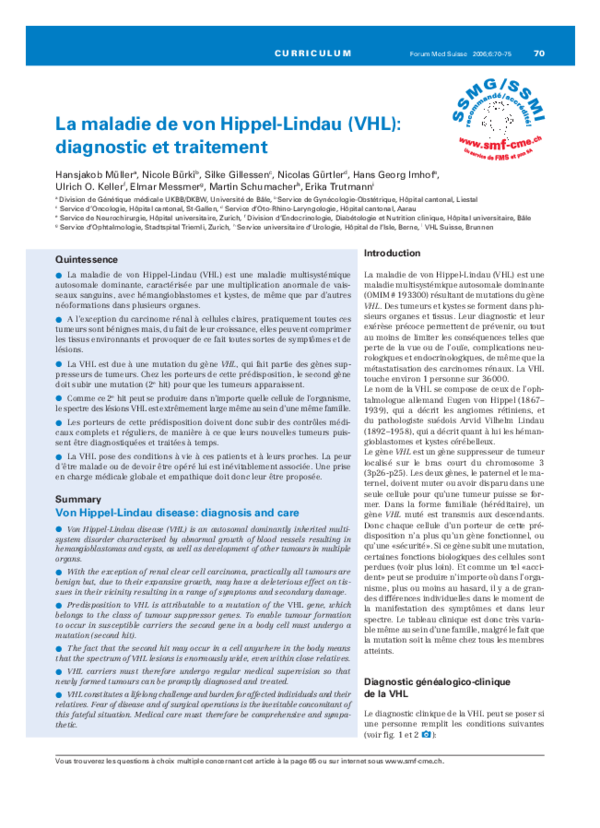 (PDF) La maladie de von Hippel-Lindau (VHL): diagnostic et traitement ...