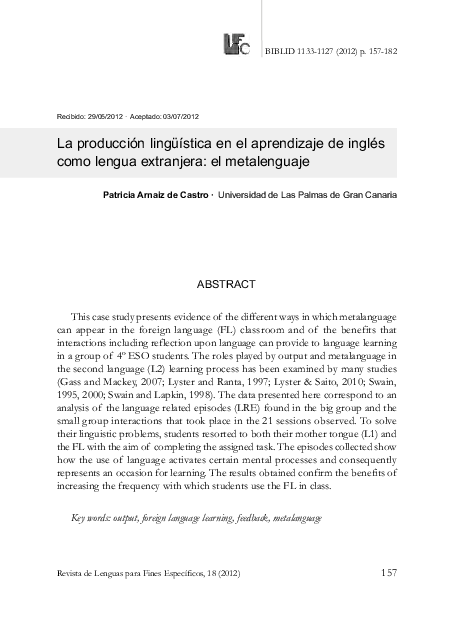(PDF) La producción lingüística en el aprendizaje de inglés, como ...