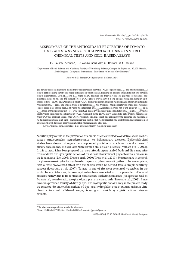 (PDF) Assessment of the antioxidant properties of tomato extracts: A ...
