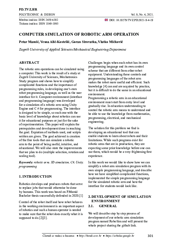 (PDF) Computer Simulation of Robotic Arm Operation