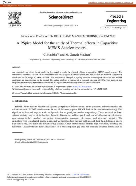 (PDF) A PSpice Model for the Study of Thermal Effects in Capacitive MEMS Accelerometers