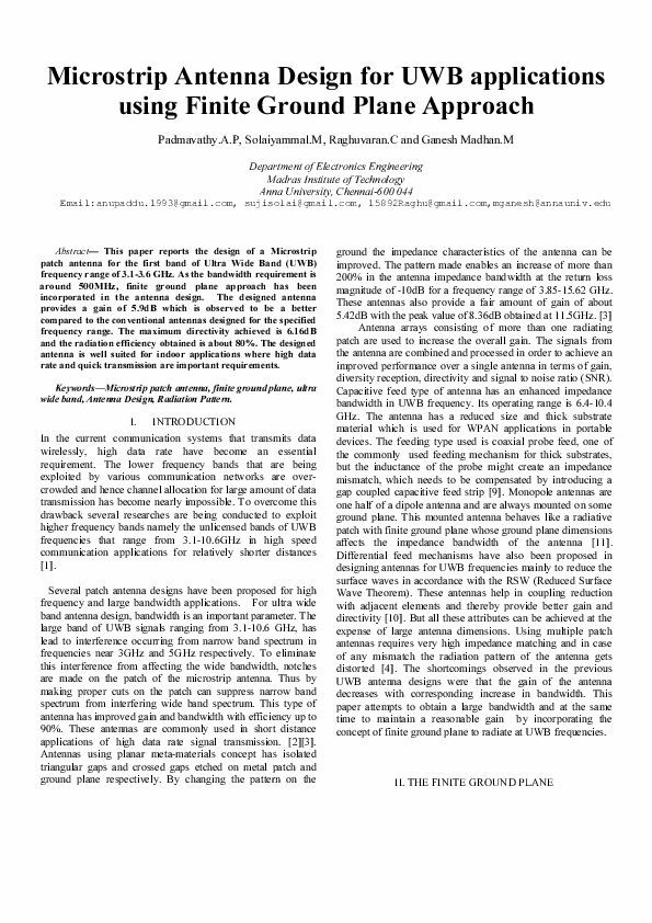 (PDF) Microstrip antenna design for UWB applications using finite ground plane approach