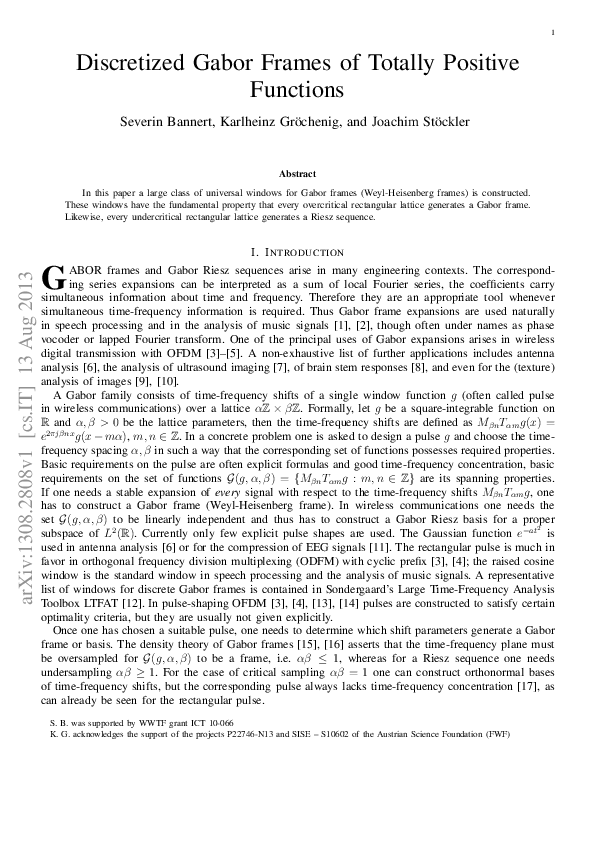 (PDF) Discretized Gabor Frames of Totally Positive Functions
