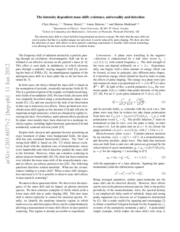 (PDF) The intensity dependent mass shift: existence, universality and ...
