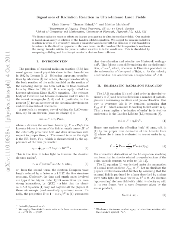 (PDF) Signatures of Radiation Reaction in Ultra-Intense Laser Fields