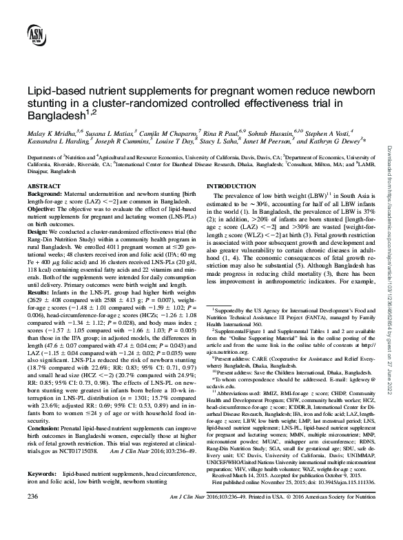(PDF) Lipid-based nutrient supplements for pregnant women reduce ...