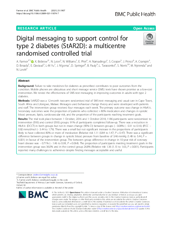 (PDF) Digital messaging to support control for type 2 diabetes (StAR2D ...